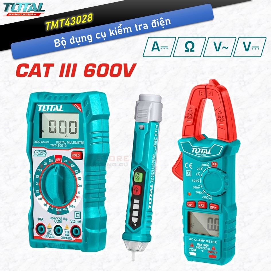 Bộ 3 dụng cụ kiểm tra điện Total TMT43028, Bao gồm: Ampe kìm , Đồng hồ vạn năng , Bút thử điện ...