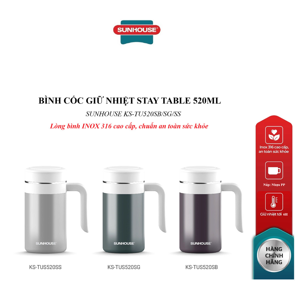 Bình giữ nhiệt Stay Table Sunhouse KS-TU520SB /KS-TU520SG/KS-TU520SS inox 316, dung tích 520ml ...