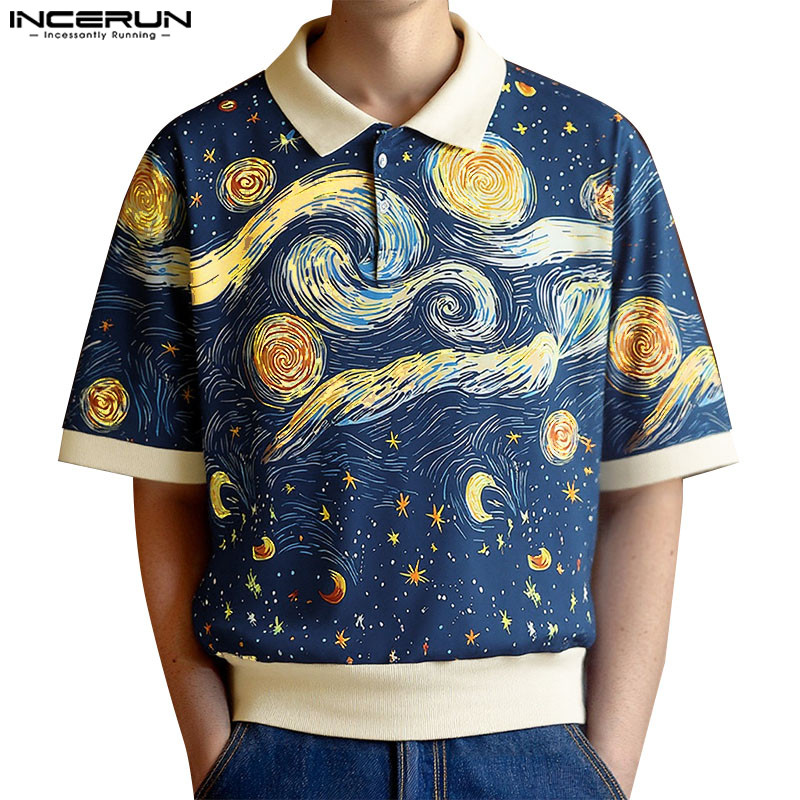 INCERUN Áo Polo Nam Vintage Văn Học, Họa Tiết Bầu Trời Đầy Sao Van Gogh ...