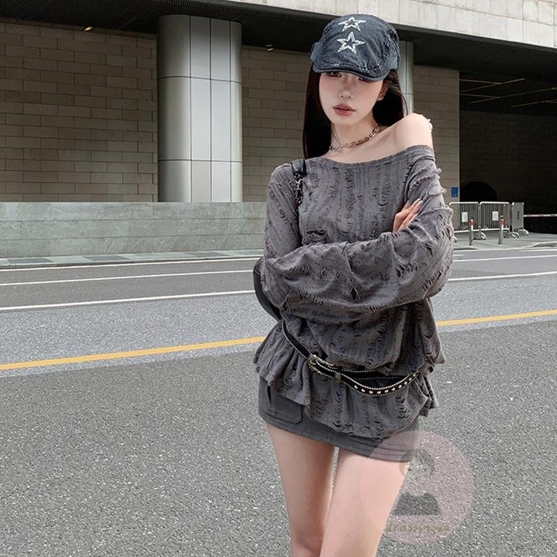 Dre-áo thun dài tay cổ xiên rách dáng rộng mùa thu | Shopee Việt Nam