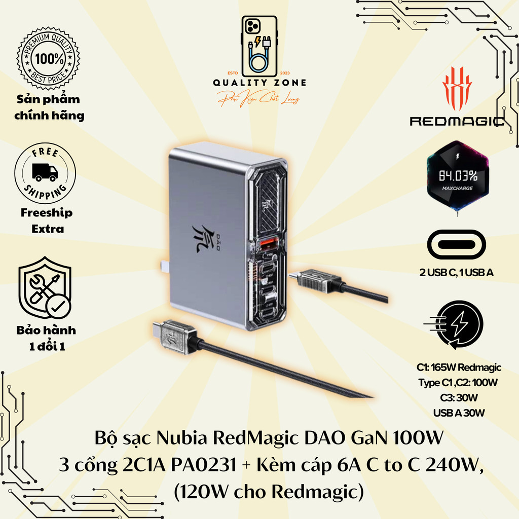 Bộ sạc nhanh 165W Nubia RedMagic DAO GaN, 4 cổng 1A 3C,kèm cáp 6A DAO ...
