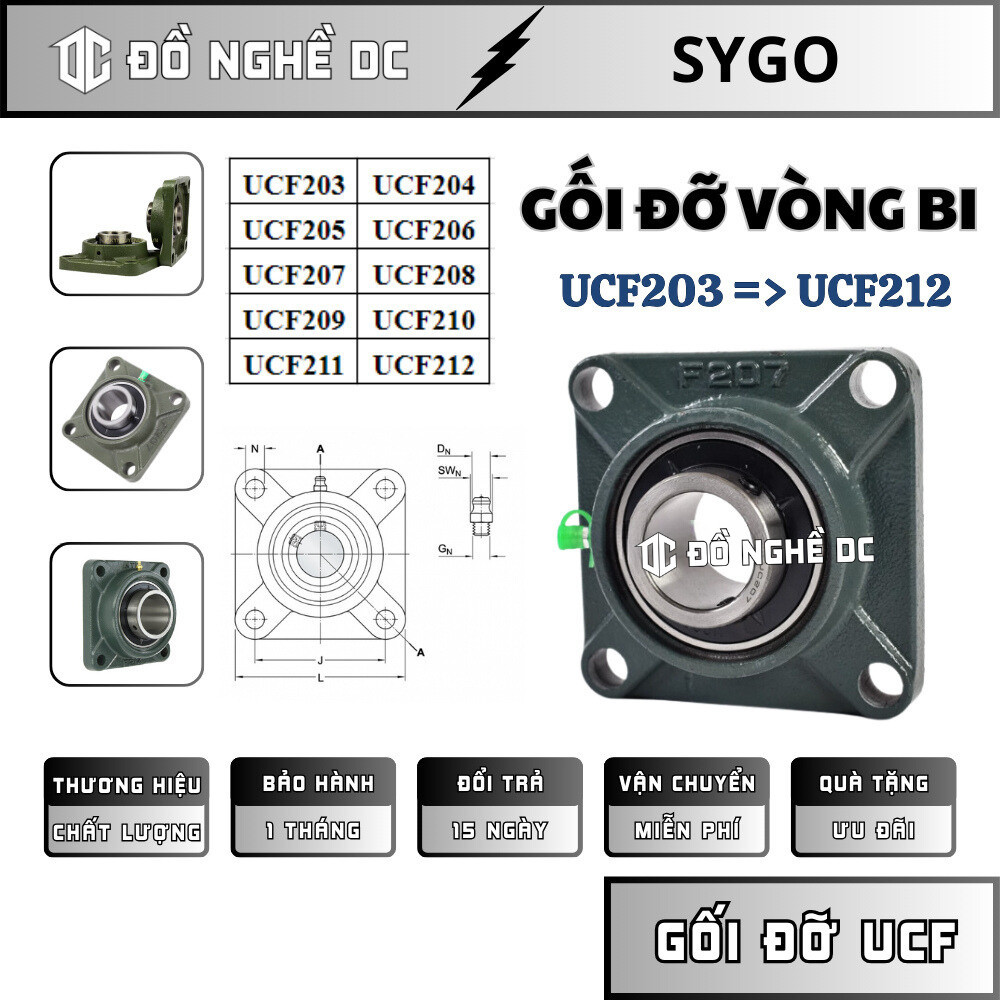Gối đỡ vòng bi, bạc đạn, gối đỡ trục vuông UCF SYGO UKB UCF203 UCF204 UCF205 UCF206 UCF207 ...