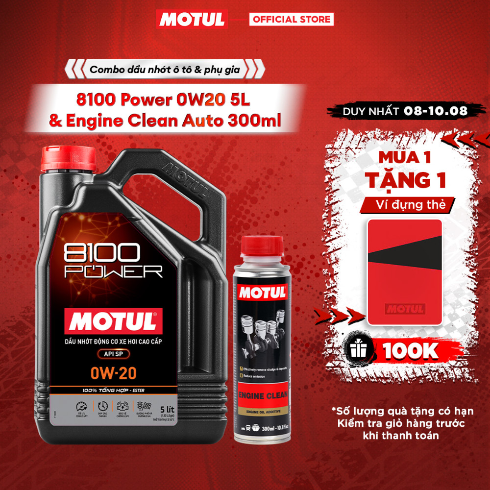 Combo Dầu nhớt xe ô tô MOTUL 8100 POWER 0W20 5L và Phụ gia vệ sinh động cơ xe ô tô - ENGINE ...