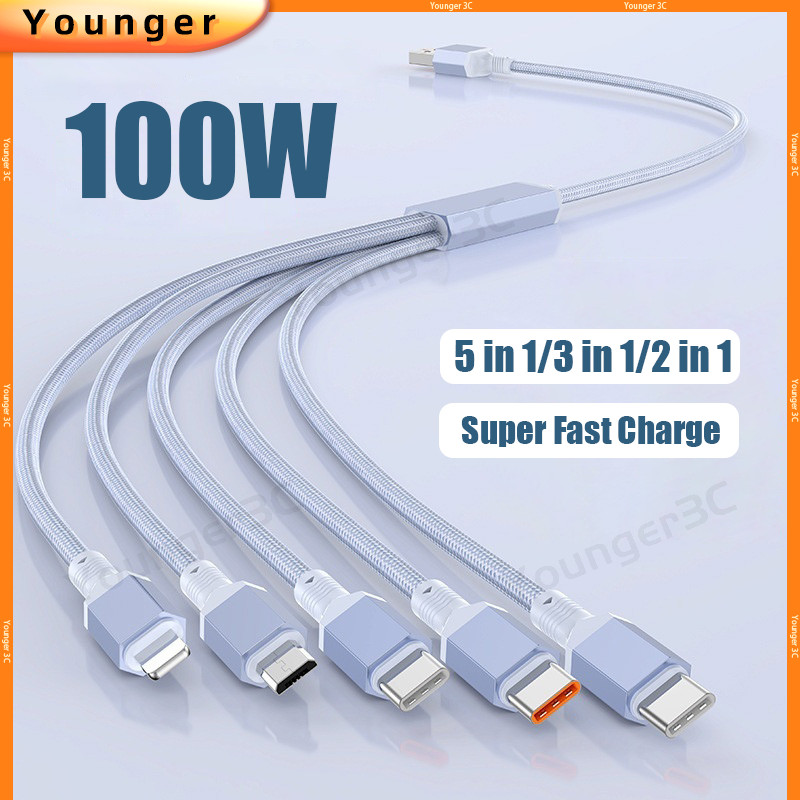 Cáp sạc siêu nhanh 100W 5 trong 1 1,2M Dây dữ liệu dệt 3 trong 1 6A 2 ...