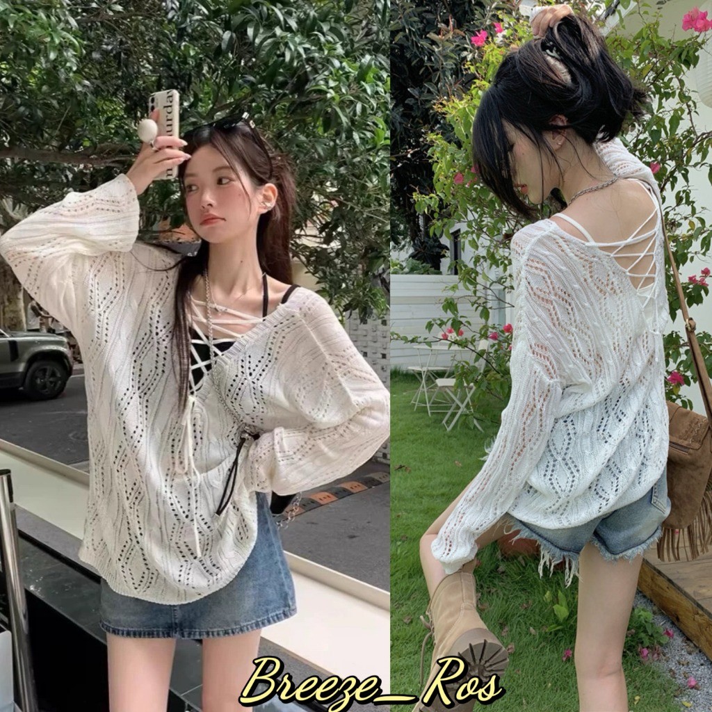 Breeze_Ros Áo Thun Chống Nắng Dệt Kim Cổ Chữ V Dáng Rộng Phong Cách Hàn ...