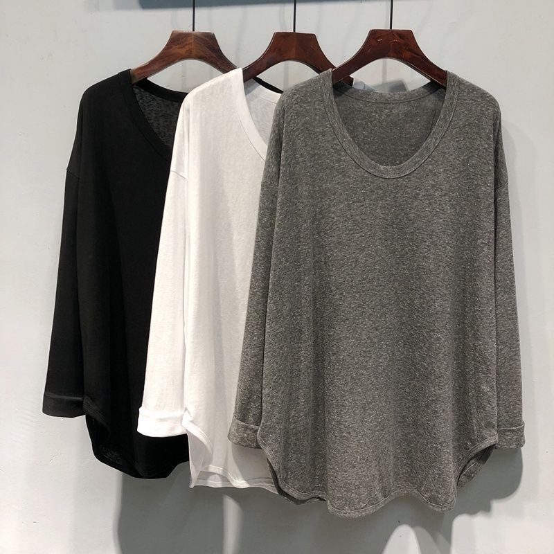 MR [Áo thun Oversize] (40-150kg) Áo dài tay trơn nữ Hàn Quốc cổ chữ U ...