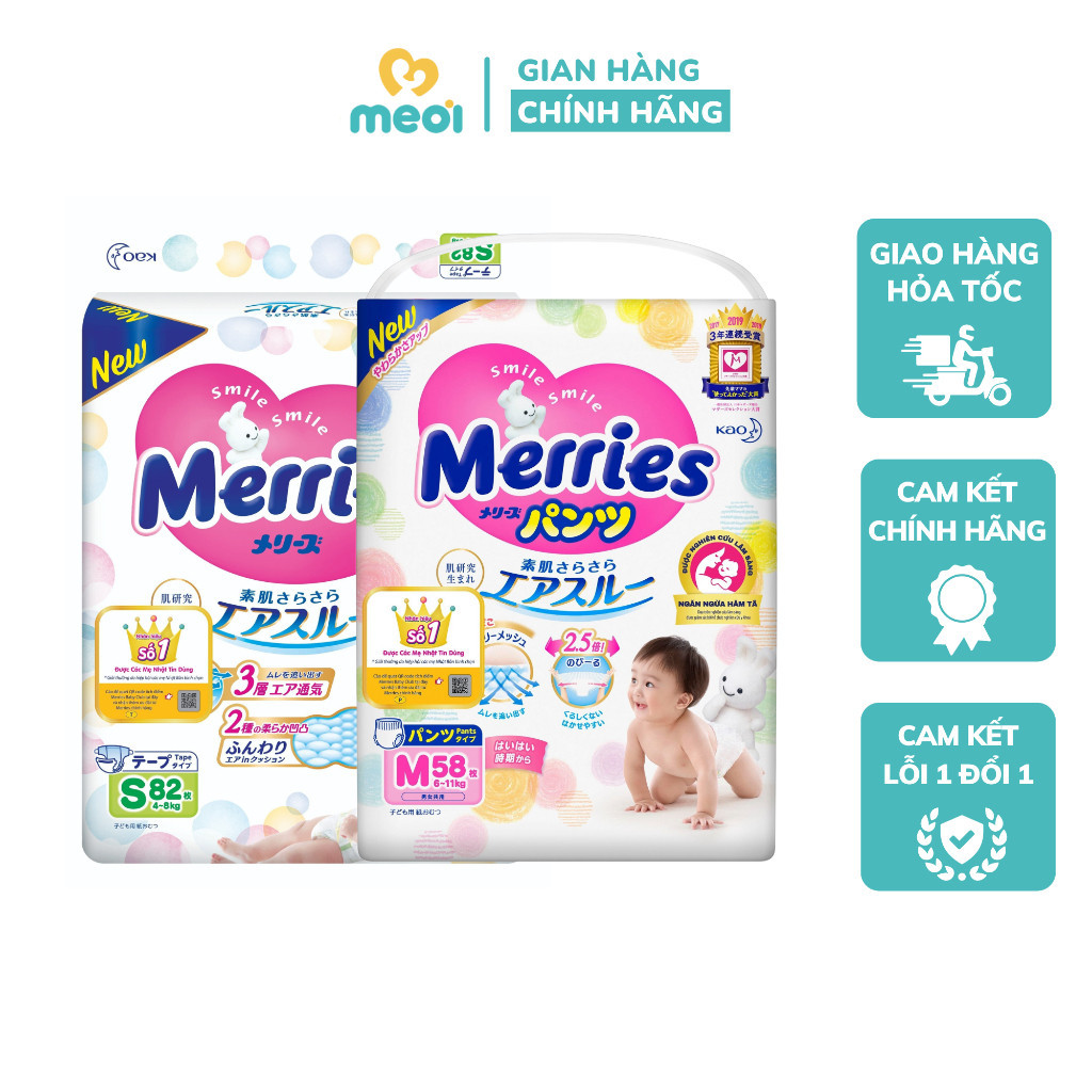 Bỉm Merries nội địa Nhật, Bỉm Merries cộng miếng khô thoáng, thấm hút ...