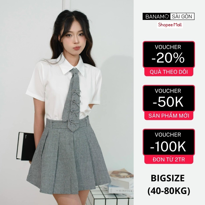 Set học sinh nữ BIGSIZE Banamo Fashion áo sơ mi thô mềm kèm cà vạt đính nơ phối chân váy xếp ly ...