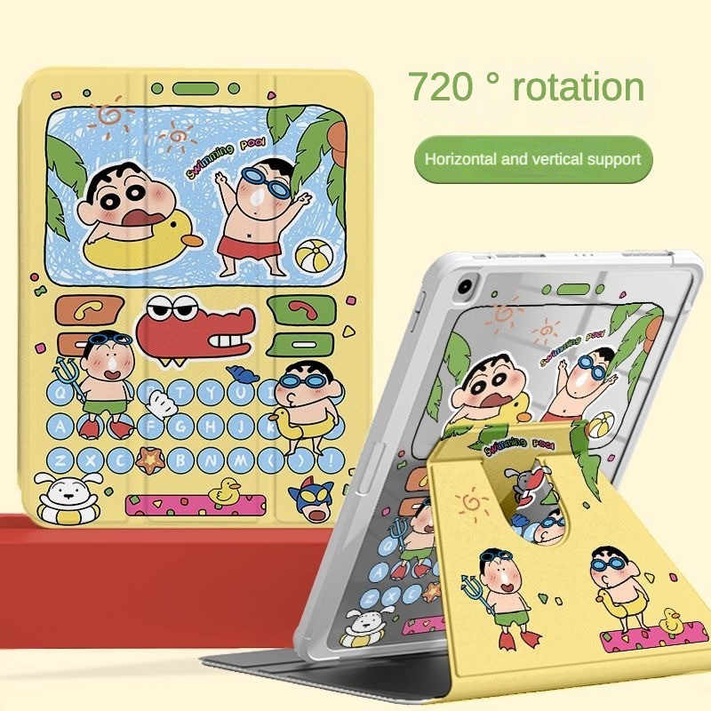 Vỏ iPad 360 ° Xoay 】 Bàn phím Bút chì bơi kỳ nghỉ Shin chan Thích hợp cho Acrylic iPad Air6 Gen7 ...