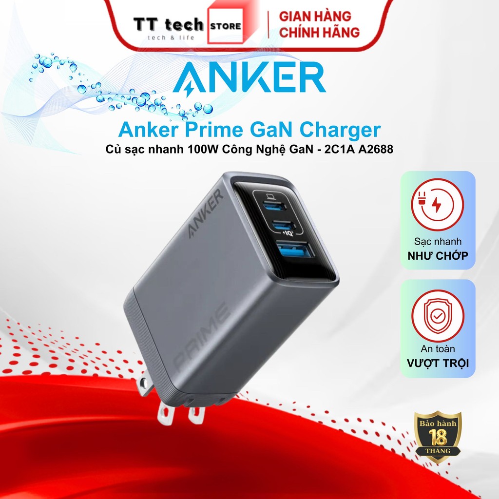 Củ sạc nhanh Anker Prime 100W A2688, 3 cổng, công nghệ GaN, nhỏ gọn, hỗ trợ PD/PPS 2.0 sạc nhanh ...