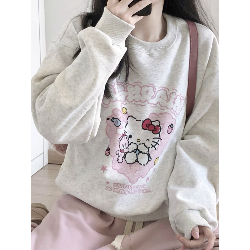Áo Khoác xinh nữ Xám form rộng áo sweater Hello Kitty in hình cute ...