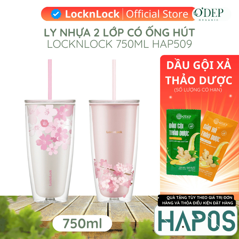 Ly nhựa 2 lớp Cherry Blossom kèm ống hút LocknLock 750ML - HAP509 (màu ...