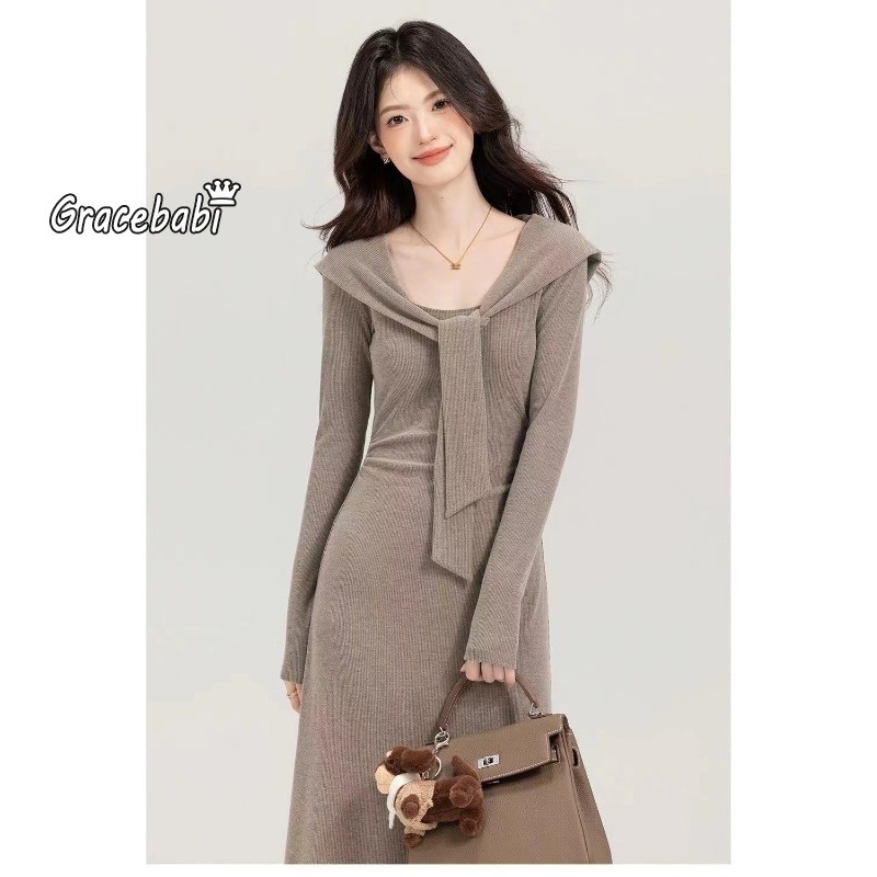 GRacebabi Váy nữ thiết kế kiểu Pháp khí chất khăn quàng cổ váy dệt kim eo cao váy dài | Shopee ...