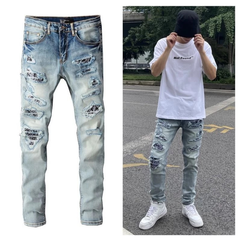 High Street Wear Ripped Patch Design Feel Washed Slim fit Skinny Jean ...