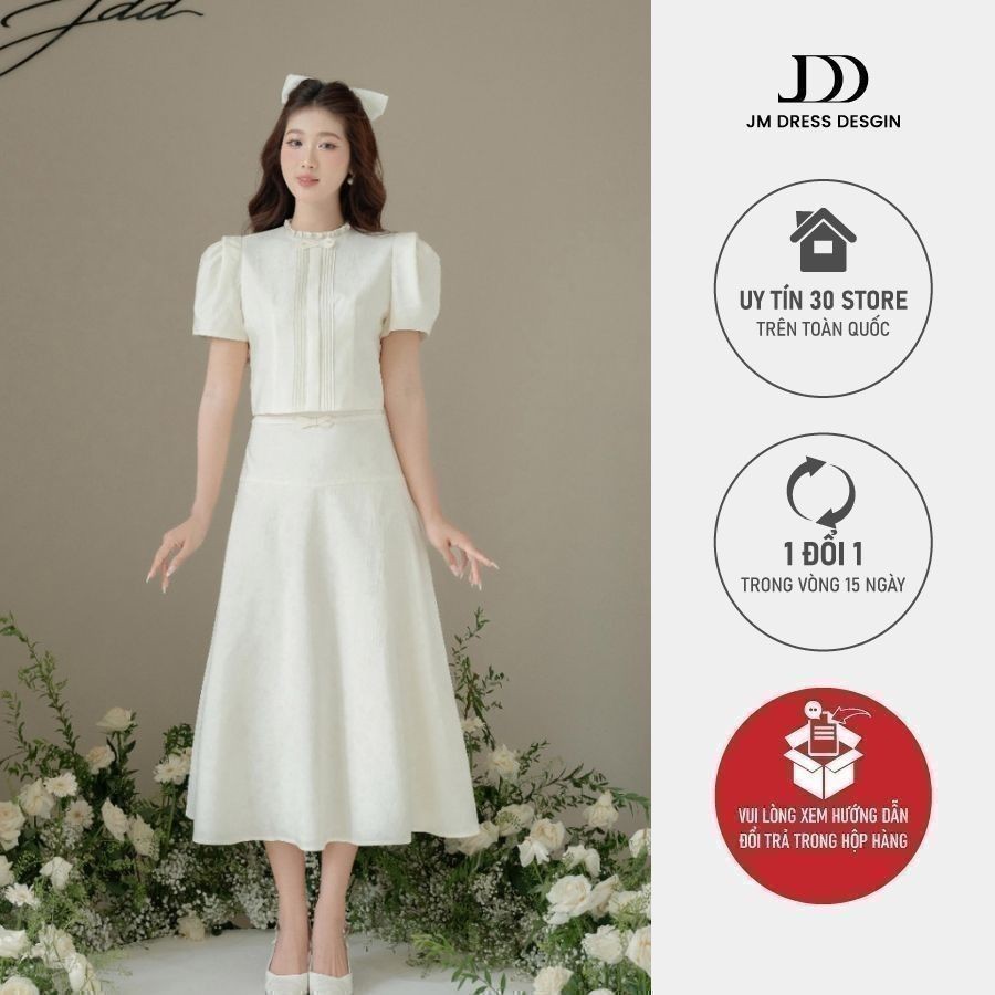 Set bộ áo dáng ôm cổ tròn tay xếp nhún 2T48.2407OG, chân váy cạp liền đổ 4L06.2407OG thiết kế ...