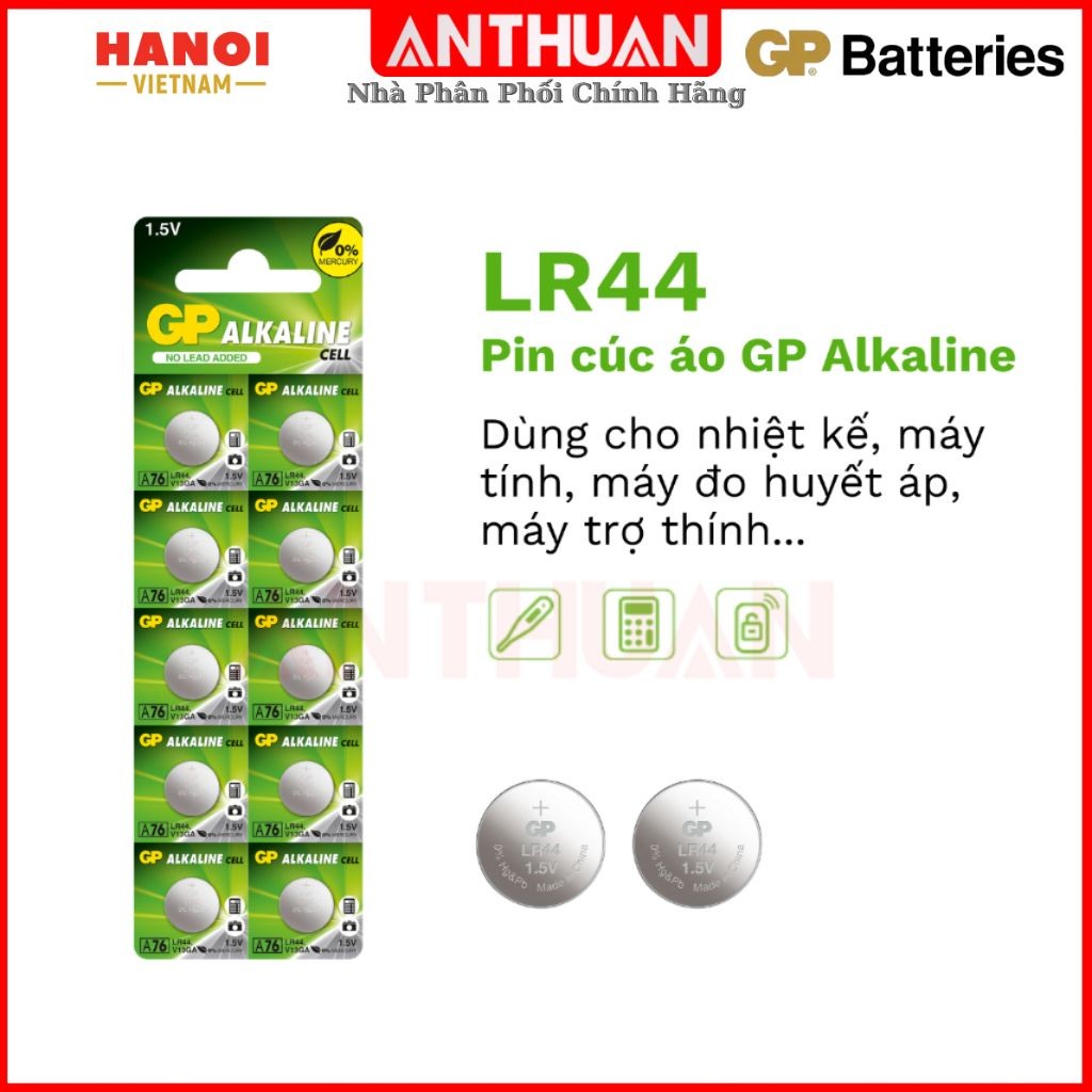 Pin cúc áo LR44 GP AG13 A76 Alkaline 1.5V - Vỉ 10 viên dung lượng cao ...