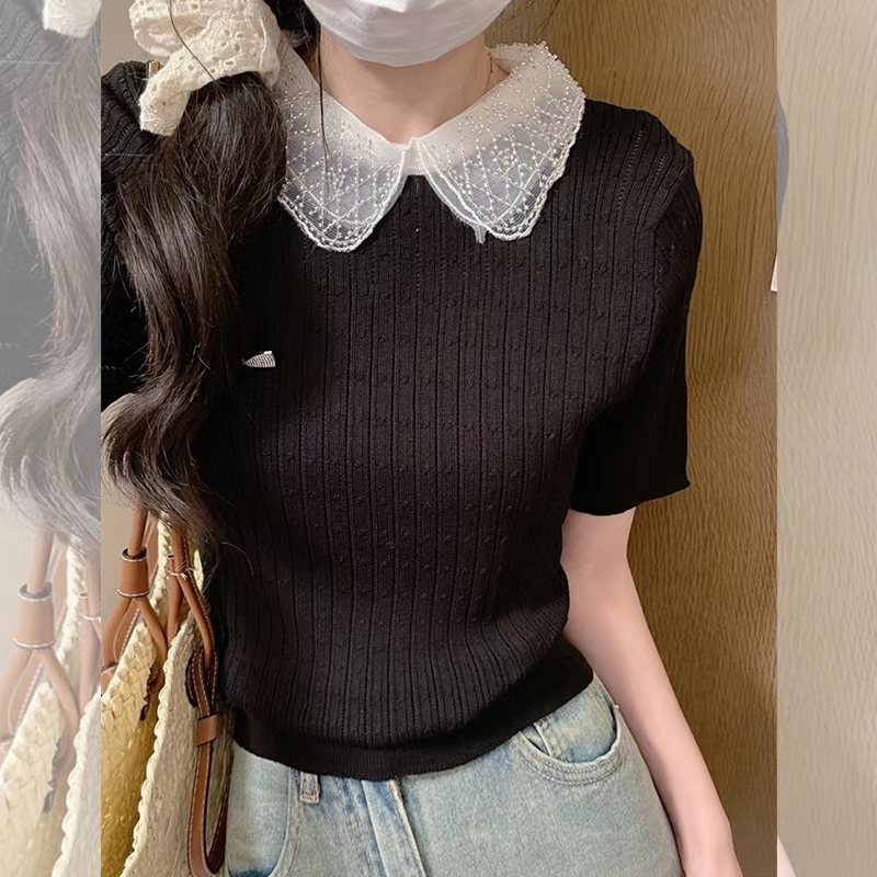 Balamy Sản phẩm mới Hàn Quốc Retro Ren Búp Bê Cổ Áo Chui Đầu Áo Len Phù Hợp Với Tay Ngắn Niche ...