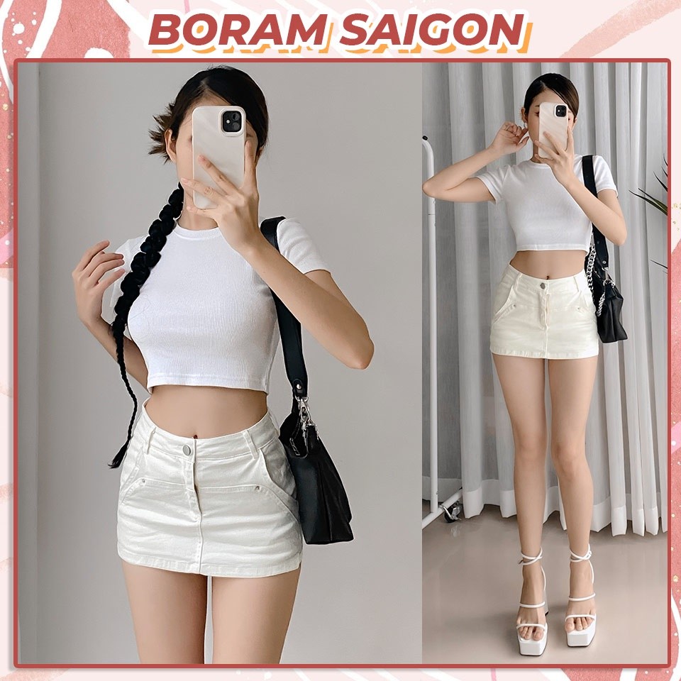 Chân váy trắng ngắn bó sát chất liệu kaki, quần giả váy tôn dáng cá ...