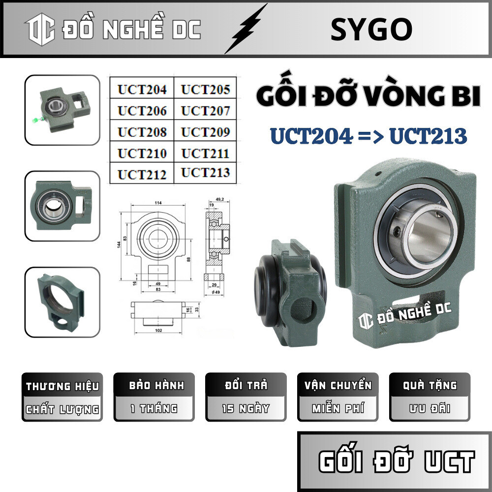 Gối đỡ vòng bi, gối đỡ bạc đạn, gối đỡ trục UCT SYGO UCT206, UCT207, UCT208, UCT209, UCT210 ...