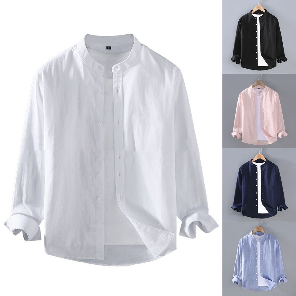Stand Collar Linen Shirt for Men Simple Solid Color Tops Long Sleeve ...