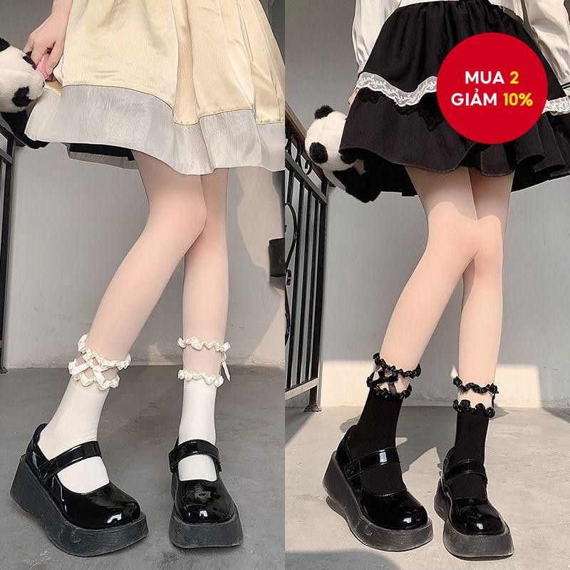 Tất Lolita JK có nơ & ren - Tất đi học mỏng giữa bắp chân thời trang Kawaii | Shopee Việt Nam
