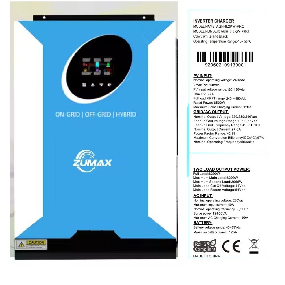 Hybrid Solar Inverter ZUMAX 48V-6200W On /Off Grid Tie 6.2KW 48V-120A ...