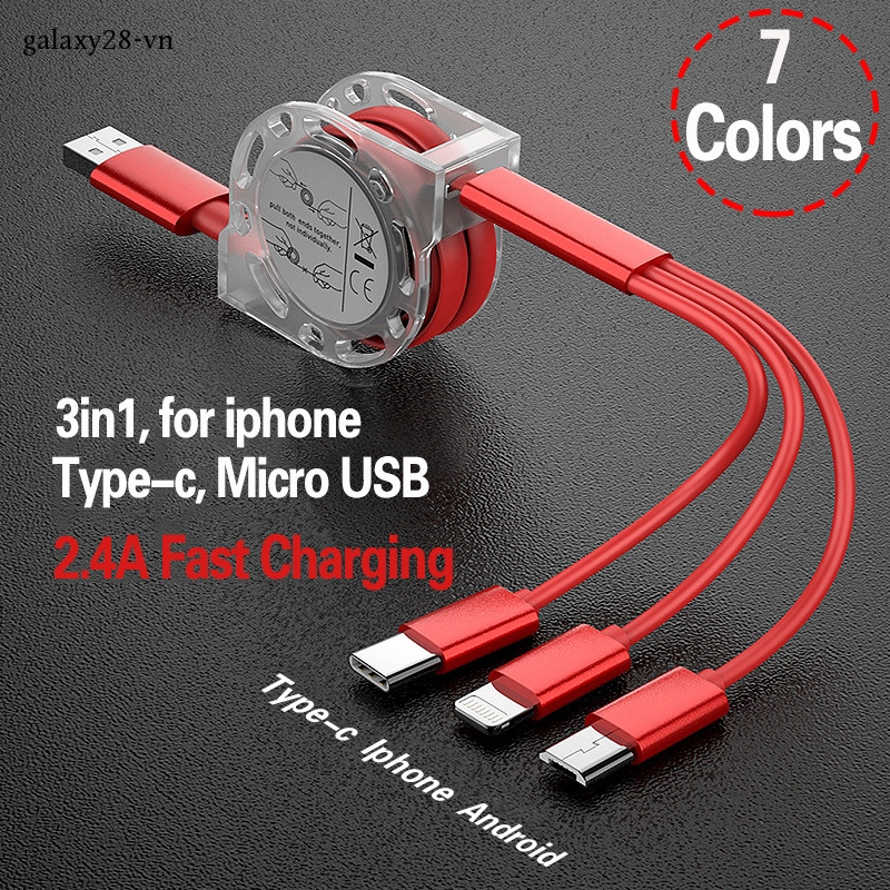 3 In 1 Retractable Micro USB Charge Cable Multi USB Charger Cable USB C ...