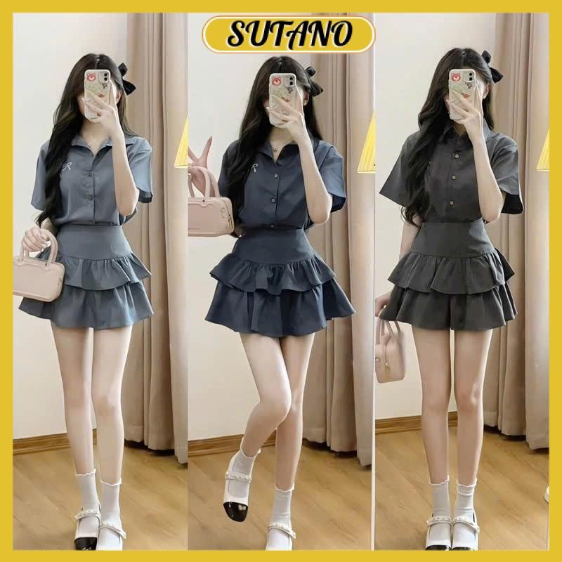 Set bộ đồ nữ áo sơ mi thêu nơ nhỏ mix chân váy 2 tầng hottrend B324 SUTANO | Shopee Việt Nam