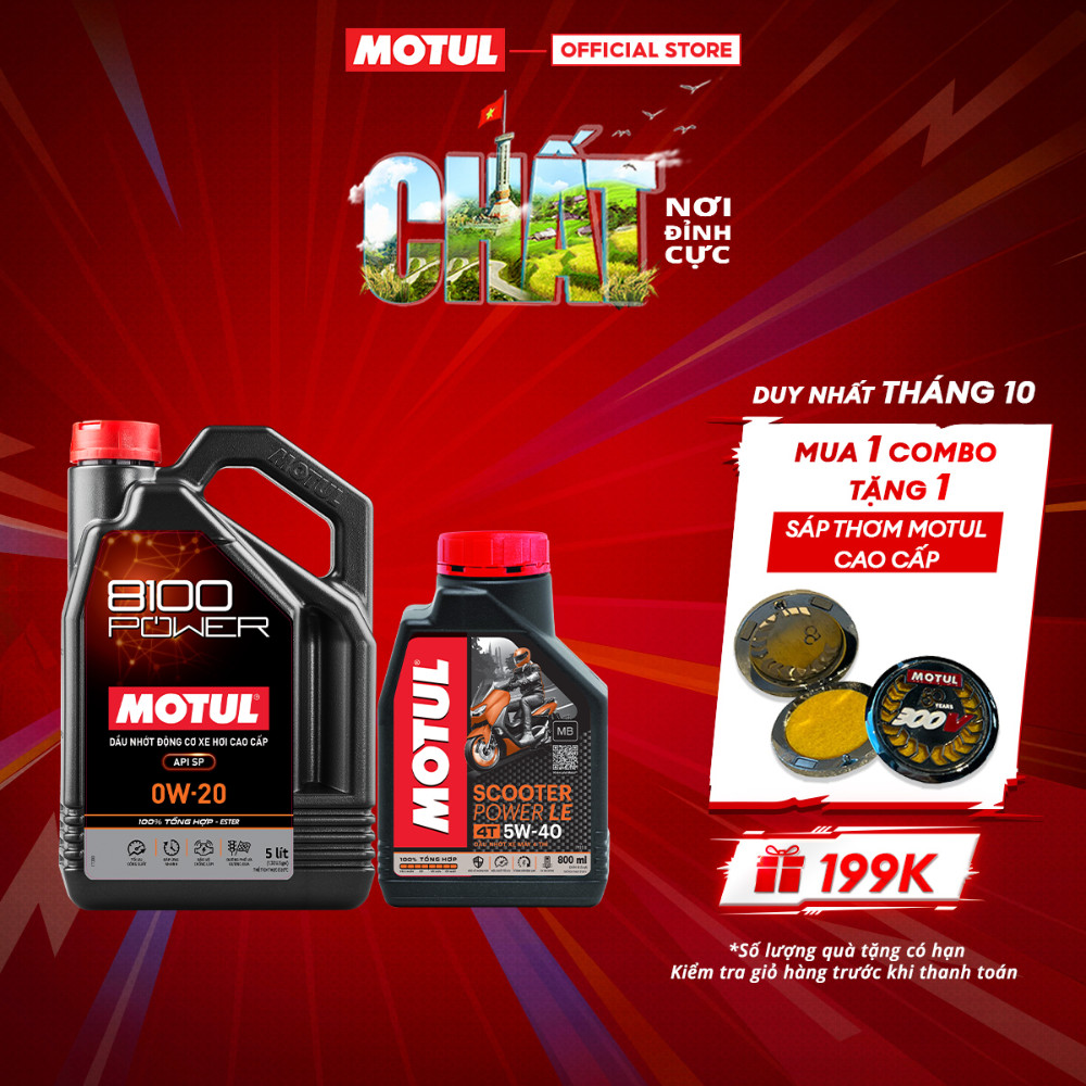 Combo Dầu nhớt xe ô tô MOTUL 8100 POWER 0W20 5L VN và xe tay ga Scooter Power LE 4T 5W40 0.8L ...