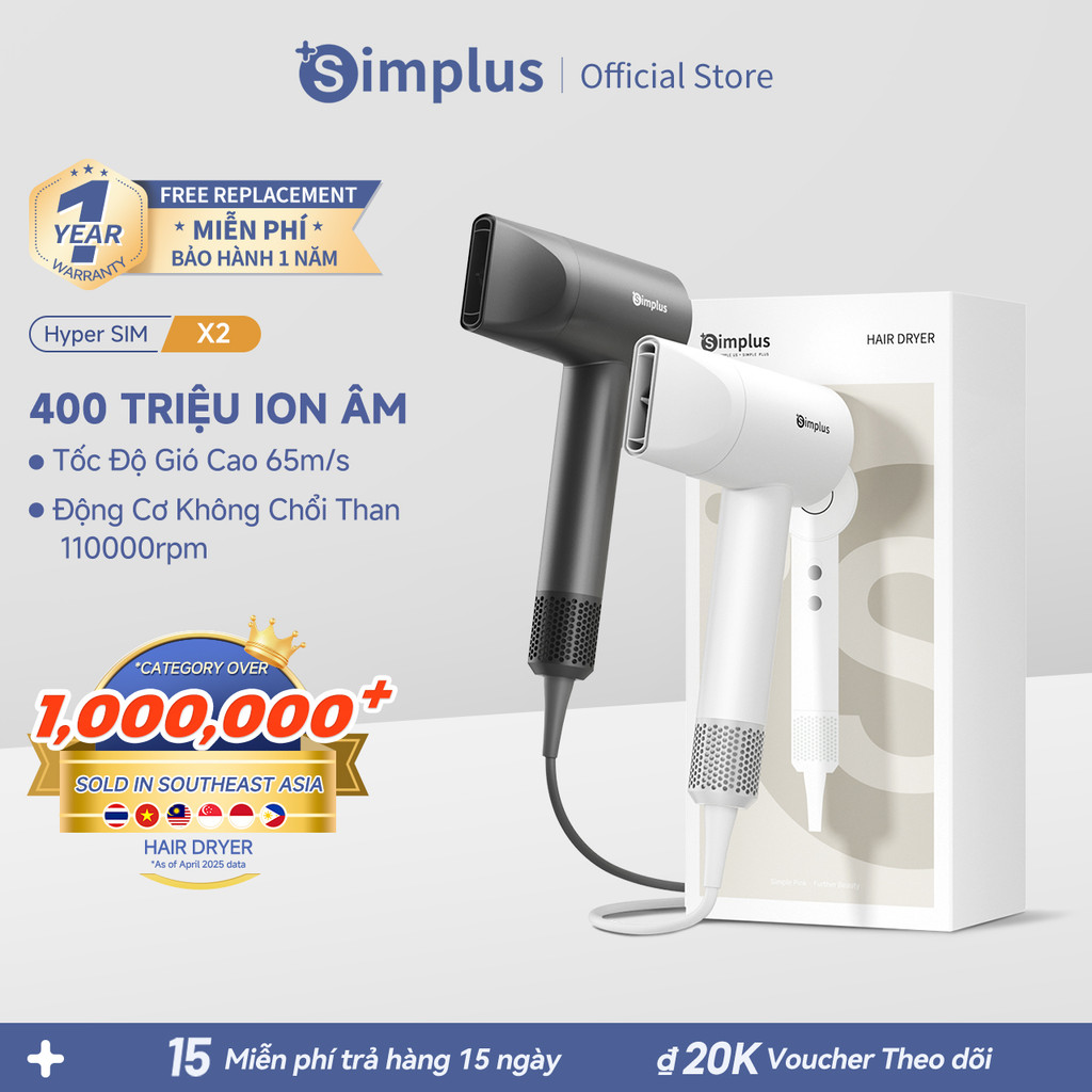 Máy Sấy Tóc Simplus Hyper-SIM X2 Tốc độ gió cao 65m/s 3 Mức Nhiệt 2 Tốc Độ Gió 400 Triệu Ion Âm ...