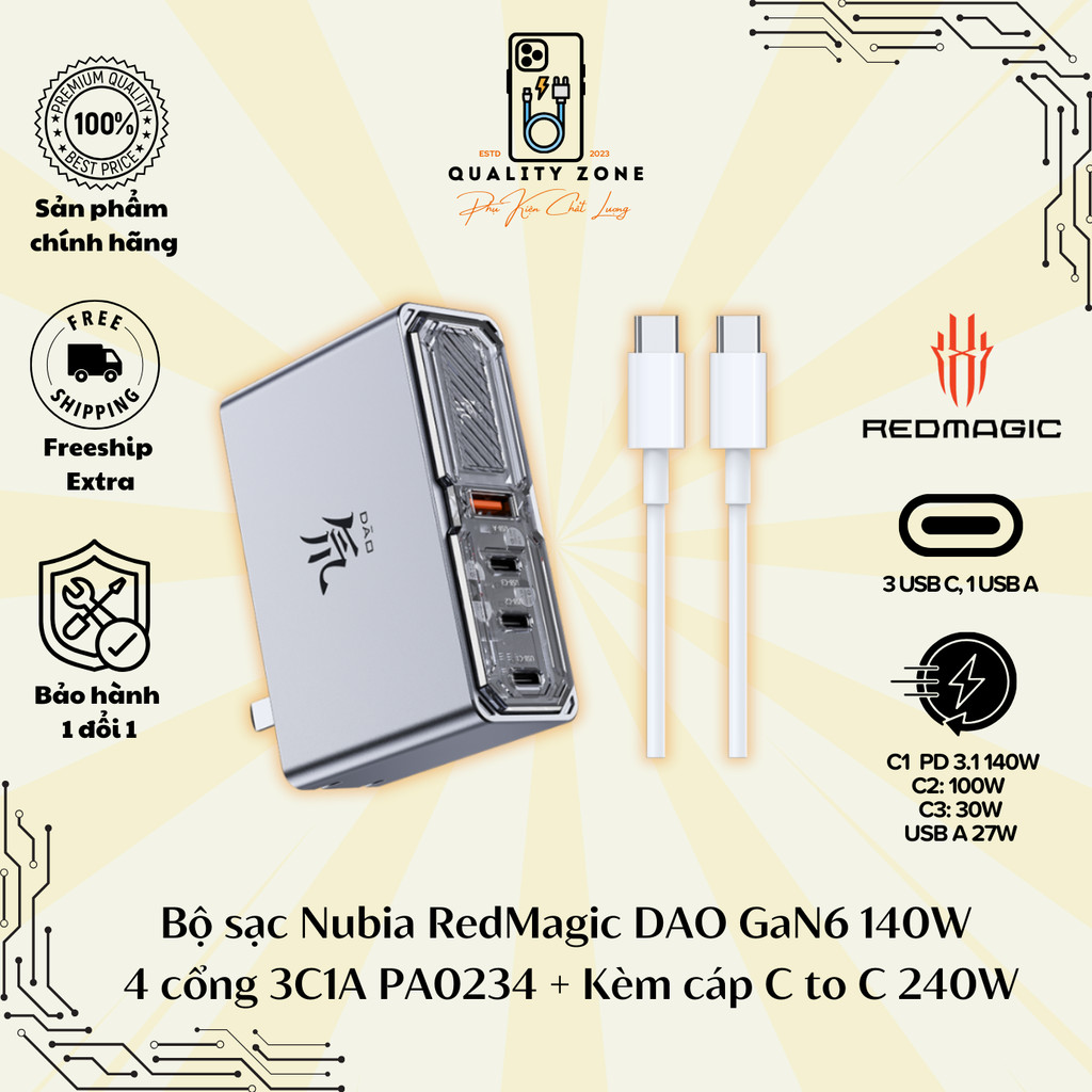 Bộ sạc Nubia RedMagic DAO GaN 140W 4 Cổng 1A 3C PA0234 GaN6 Dao PD ...