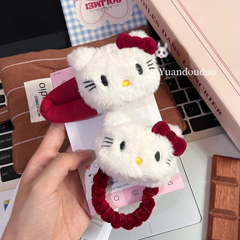 Bộ 2 Chiếc Thời Trang Hàn Quốc Dễ Thương Sang Trọng Kitty Ngọt Ngào Nơ Đỏ Thắt Tóc Cô Gái Bên Nổ ...