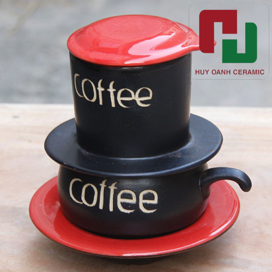 Bộ phin pha cafe màu đỏ cao cấp gốm sứ Bát Tràng (phin pha cà phê, phin café, phin cà phê gốm ...