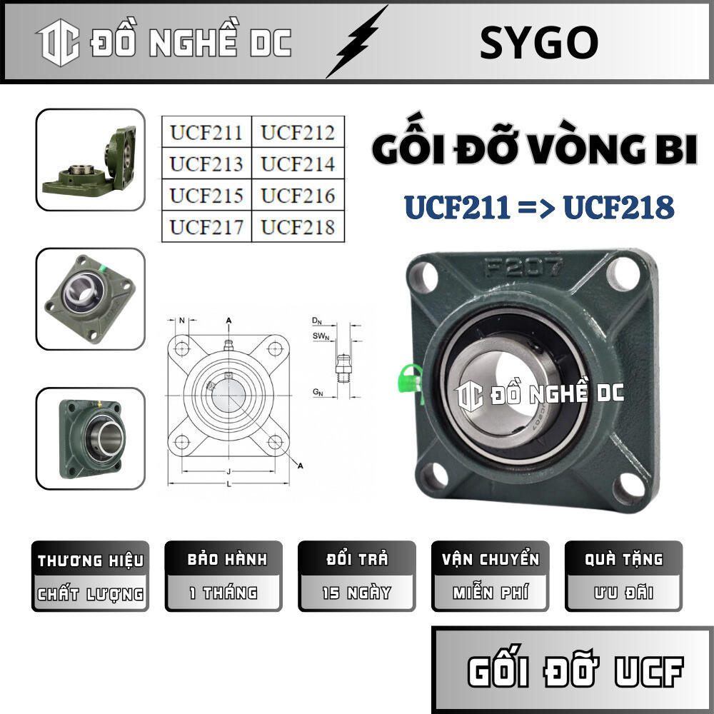 Gối đỡ vòng bi, gối bạc đạn, gối đỡ trục vuông UCF SYGO UKB UCF211, UCF212, UCF213,UCF214,UCF215 ...