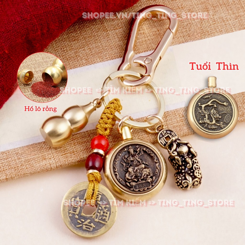 Móc khóa phong thủy 5 món đồng thau kim bài 12 con giáp xoay 360 độ kèm ...