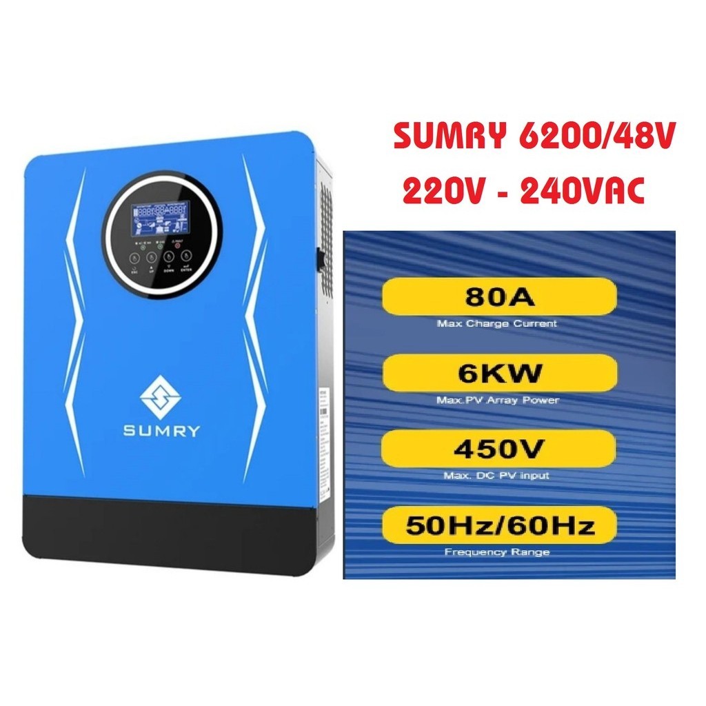 Hybrid Inverter SUMRY 6.2KW 48V AC220-240V 110A MPPT PV 55V-450V- Biến tần năng lượng mặt trời ...