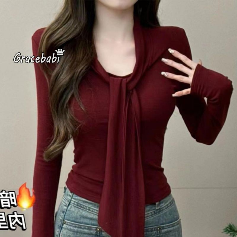 GRacebabi Áo nữ Áo thun dài tay cổ chữ V màu đỏ tía gợi cảm Áo lót mỏng vừa vặn | Shopee Việt Nam