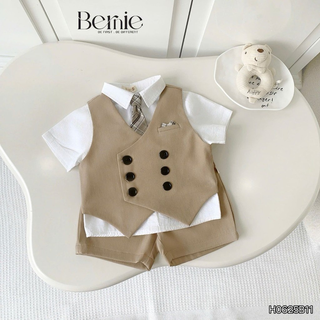 Set vest gile công tử nâu trắng 5CT bé trai thôi nôi sinh nhật đi tiệc ...