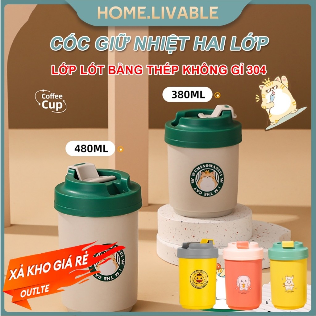 Cốc cách nhiệt inox Cốc Giữ Nhiệt 380ML 480ML Mèo Đáng Yêu bình ly nước cách nhiệt mini Inox 304 ...