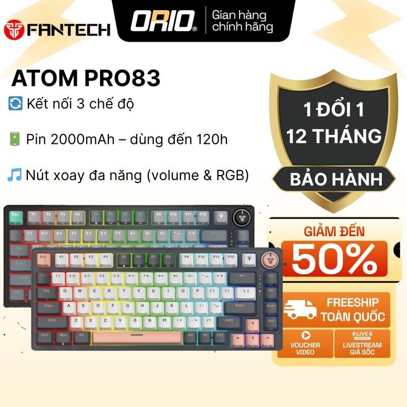 Bàn phím cơ ORIO Fantech ATOM PRO83 – LED RGB, pin 2000mAh, knob volume ...