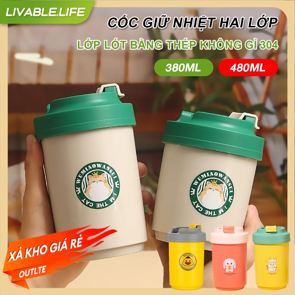 Cốc cách nhiệt inox Cốc Giữ Nhiệt 380ML 480ML Mèo Đáng Yêu bình ly nước cách nhiệt mini Inox 304 ...