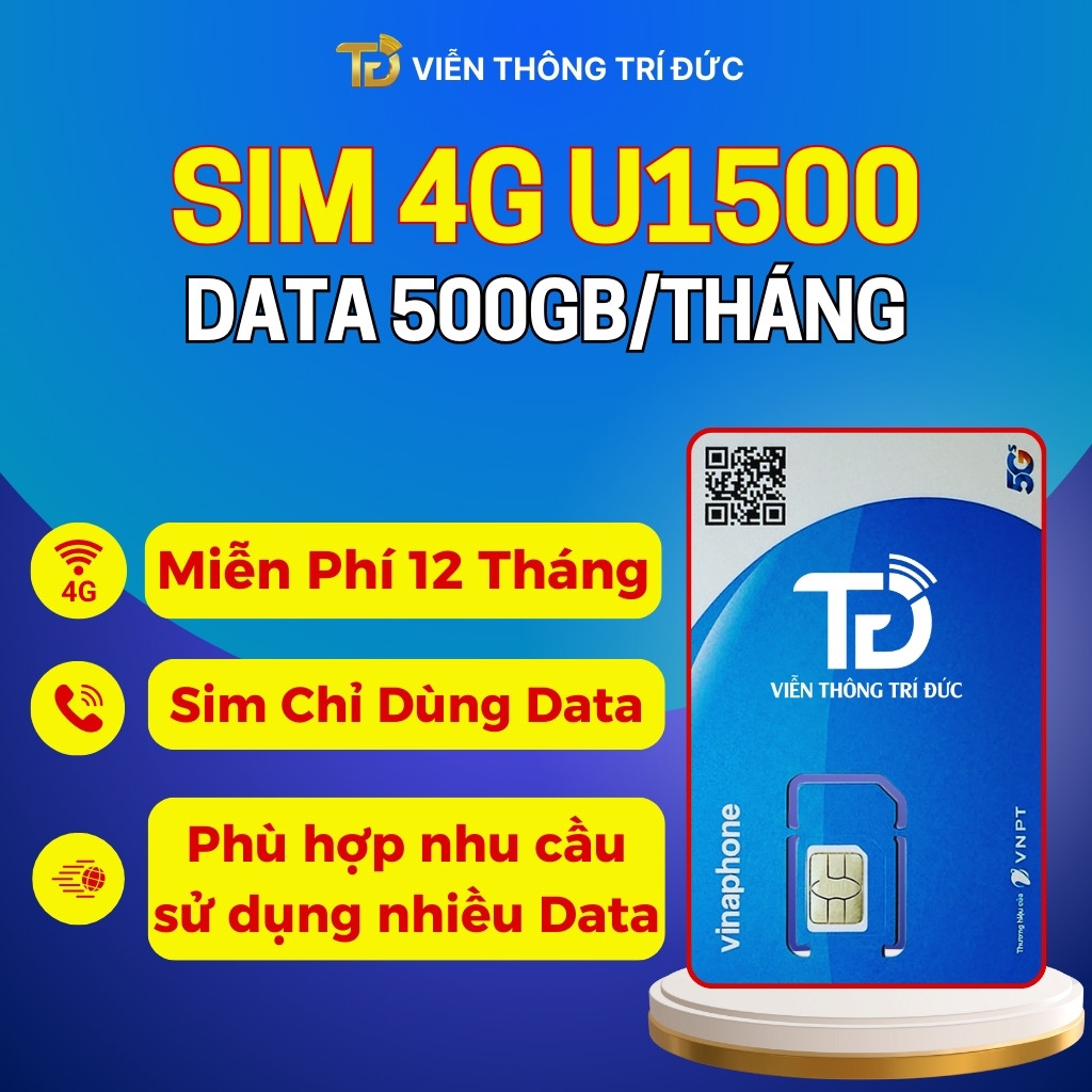 Sim 4G Vinaphone U1500 Data 500Gb/tháng, Miễn phí 12 tháng, Sim Phát Wifi, xem phim Chơi game ...