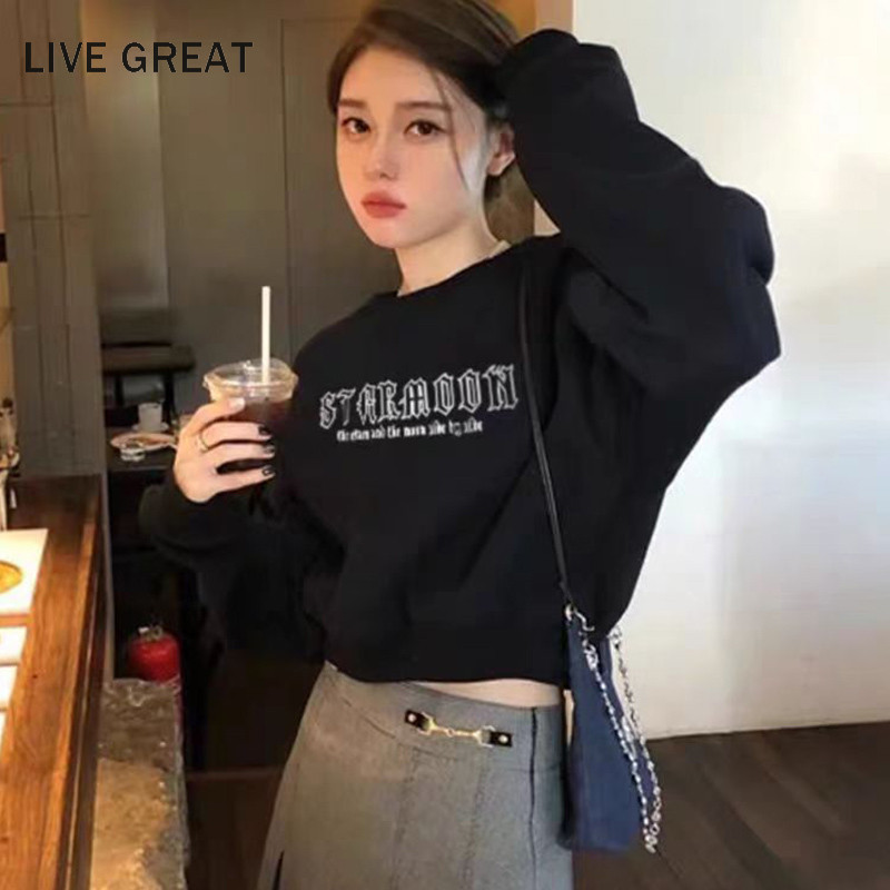 Live GREAT Ngọt Ngào Cool American Retro Slouchy Áo Nữ Cổ Tròn Ngắn Top ...