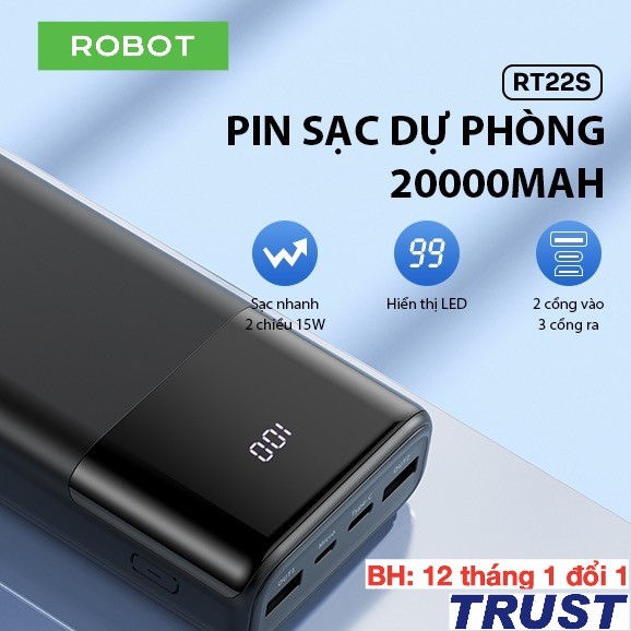 Pin Sạc Dự Phòng Nhanh 20000mAh ROBOT RT22S LED 2 Sạc Vào Micro/Type C ...