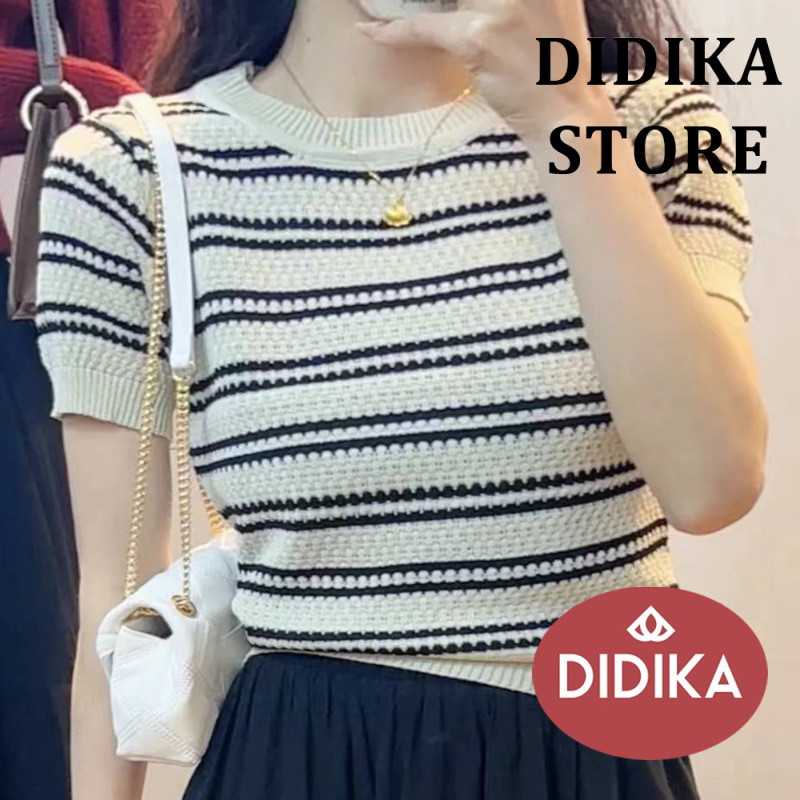 Áo len dệt kim sọc mỏng mỏng cổ tròn tay ngắn dành cho nữ | Shopee Việt Nam