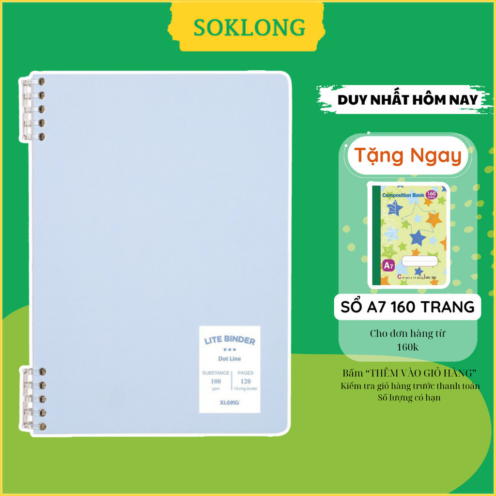 Vở B5 120 trang kẻ ngang có chấm kẹp còng nhựa 2 đầu 100gsm Sổ Klong MS 810, tập viết giấy Dot ...