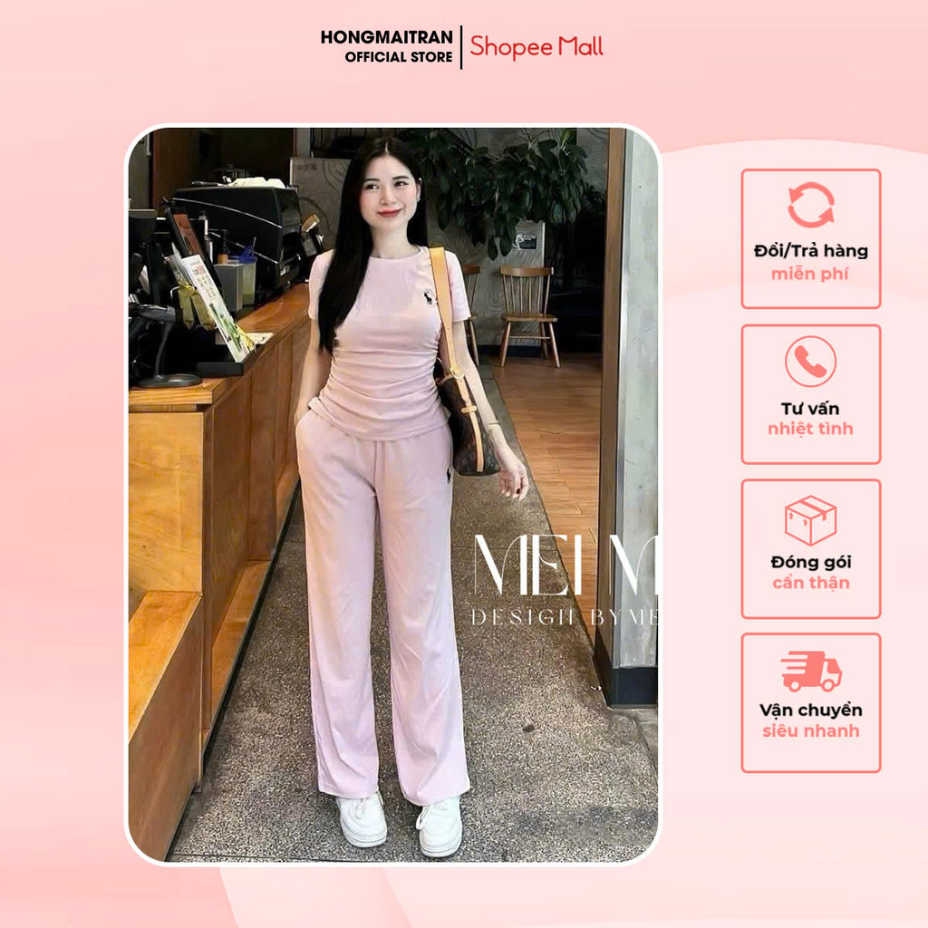 Set đồ nữ áo phông dáng ngắn thêu hình cute mix quần ống rộng có dây rút 2 màu đen, hồng trẻ ...