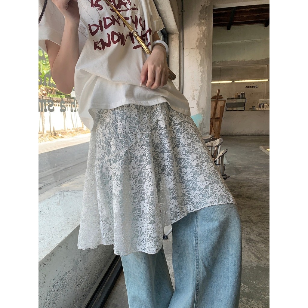 Váy midi ren trắng dành cho nữ mùa xuân thu, váy rèm ren cho dòng Nhật ...