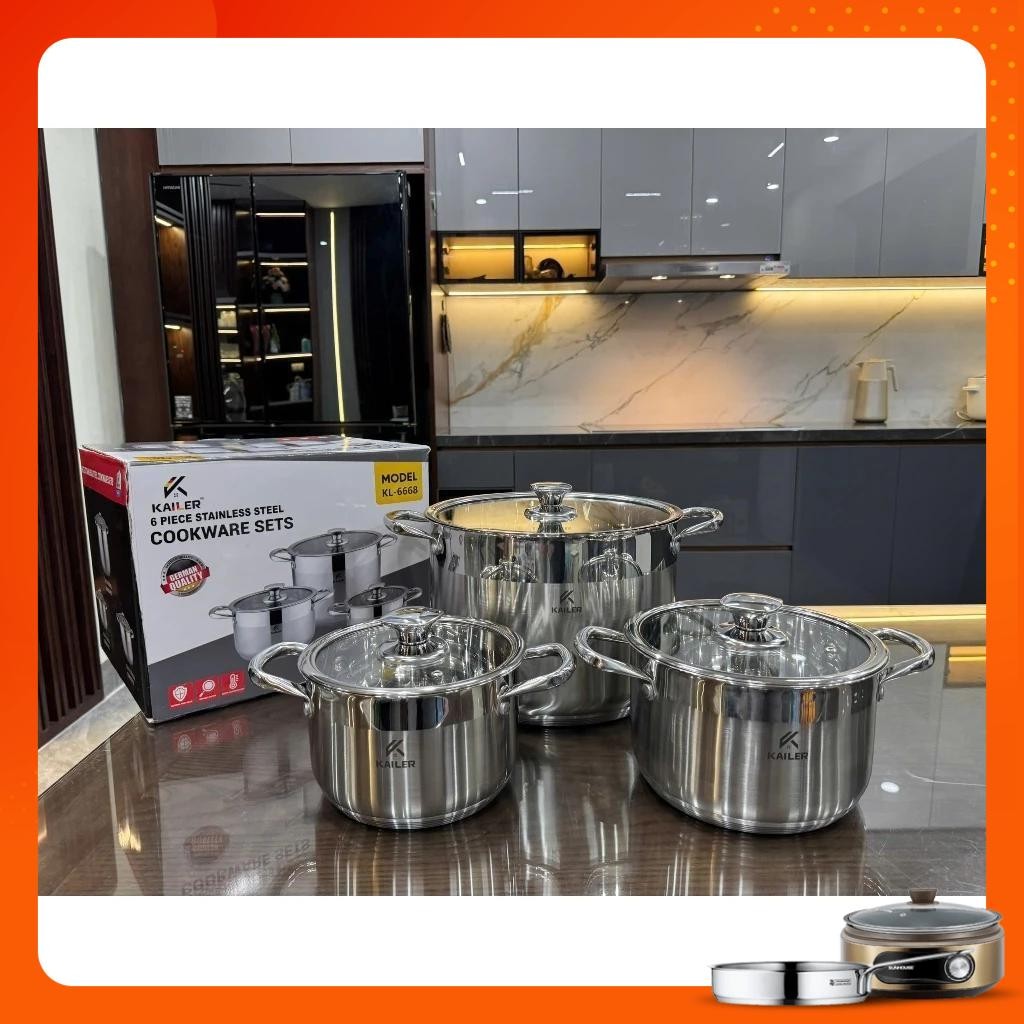 Bộ 3 nồi 6 chi tiết 5 Đáy inox 304 Kailer 6668 size 18-20-28cm Sử dụng ...