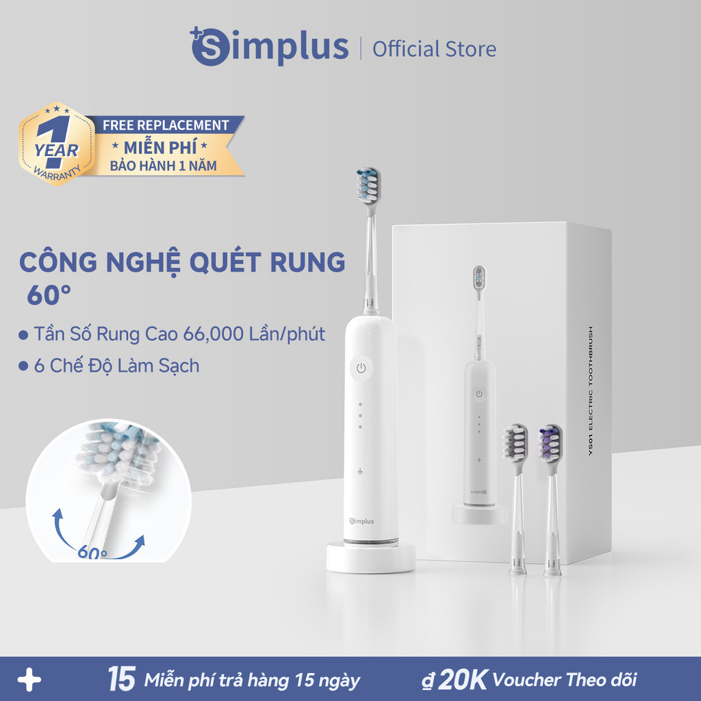 Simplus Bàn Chải Điện Công Nghệ Rung 60° Tần Số Rung 66.000 Lần/phút 6 Chế Độ Làm Sạch 3 Đầu Bàn ...